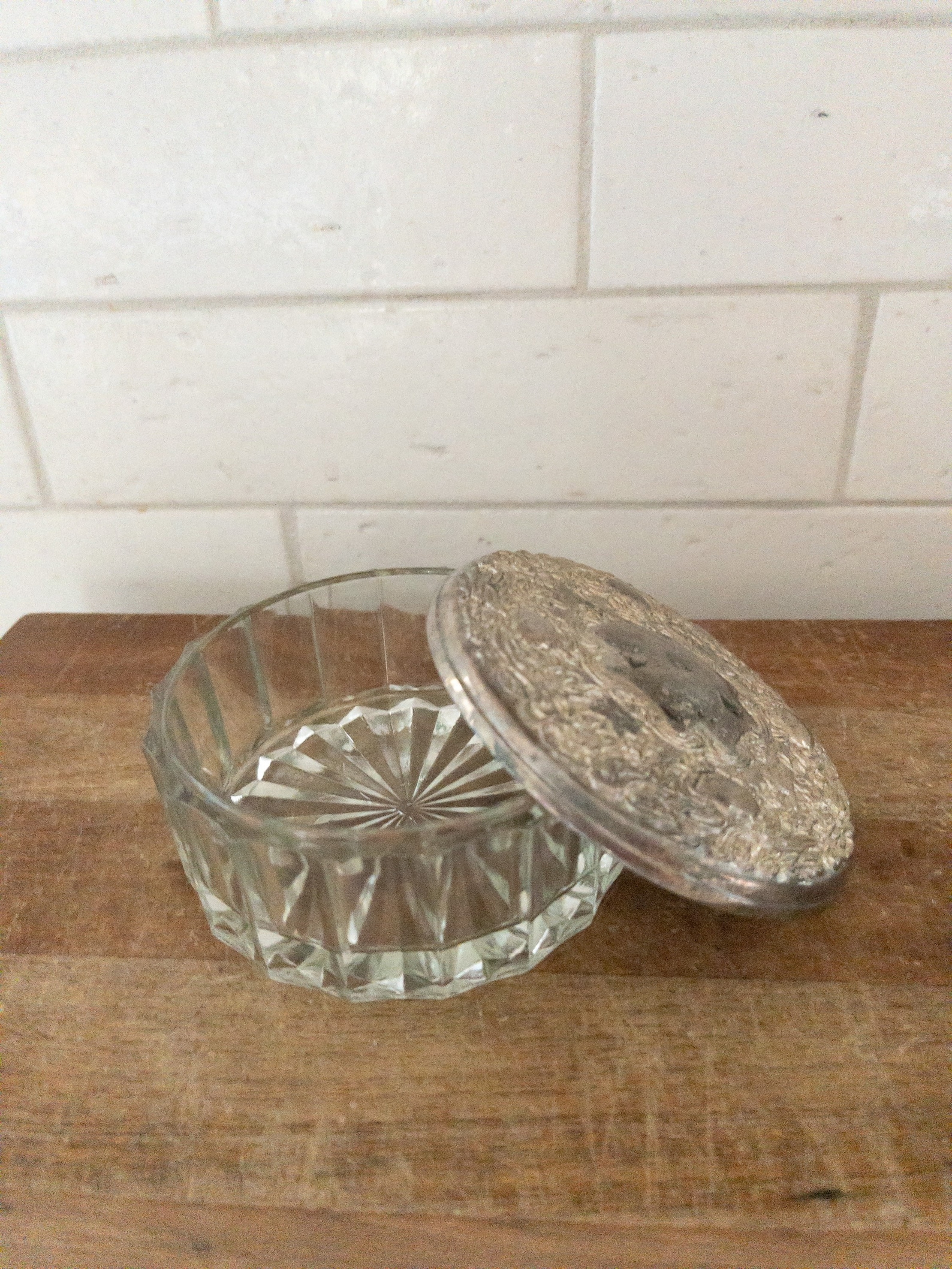 Vintage Vanity Glass Powder Box With Mirrored Silver Lid. Powder Puff ...