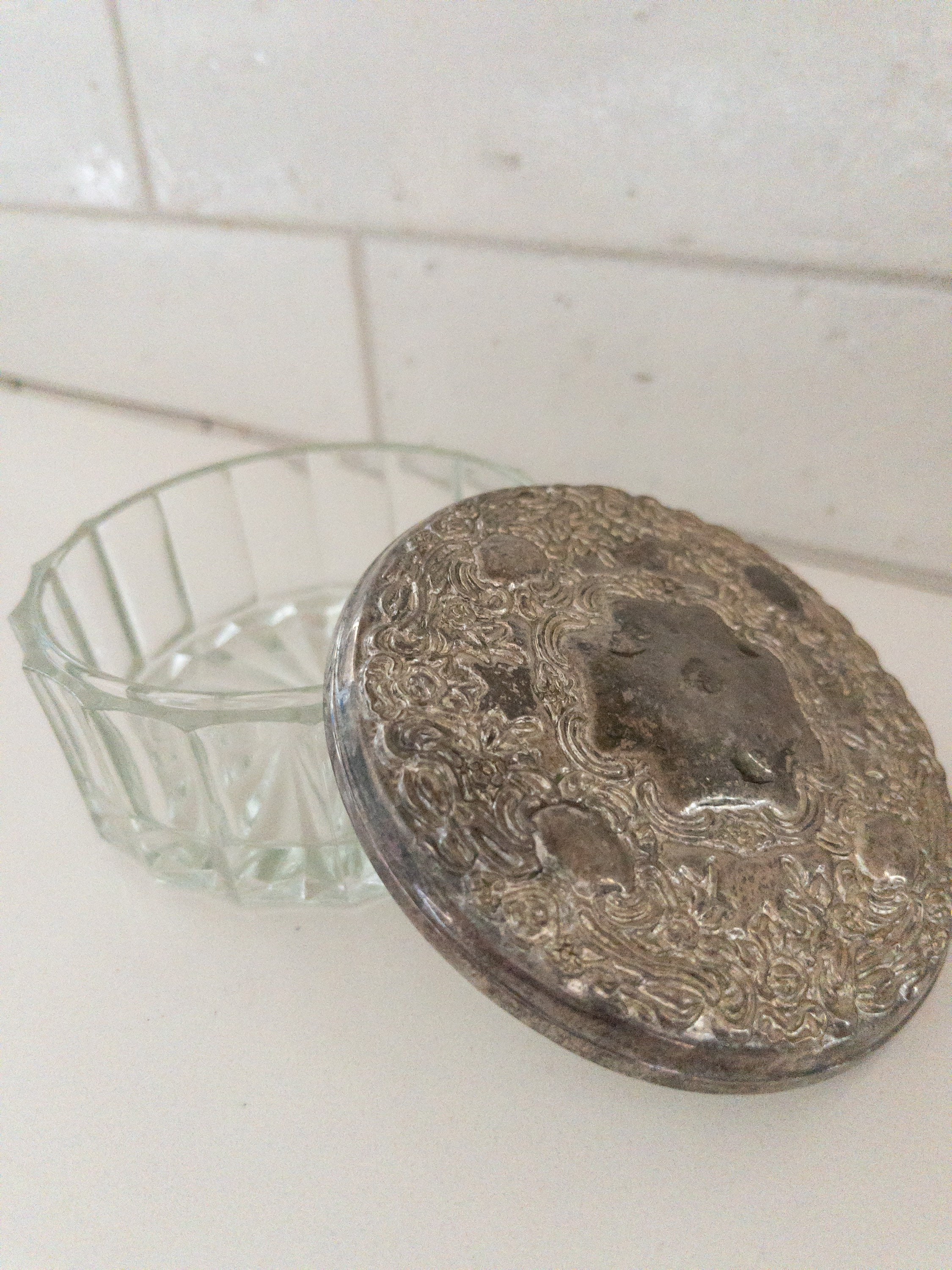 Vintage Vanity Glass Powder Box With Mirrored Silver Lid. Powder Puff ...