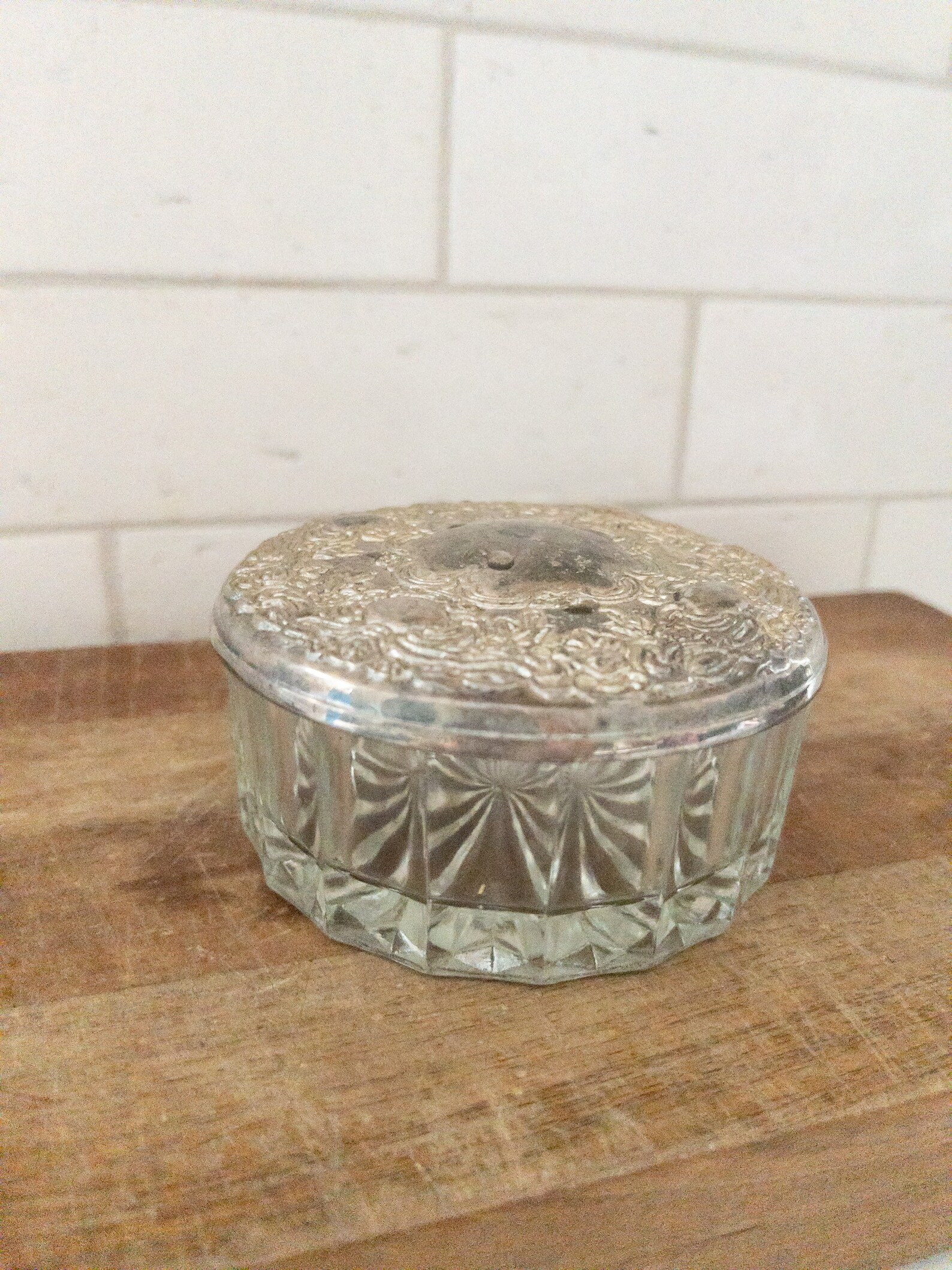 Vintage Vanity Glass Powder Box With Mirrored Silver Lid. Powder Puff ...
