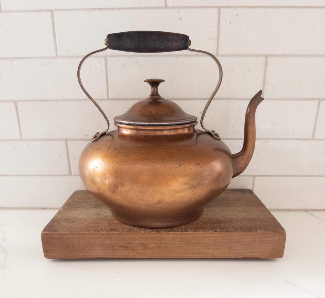 Vintage Copper Gooseneck Teapot Kettle Brass and Black Wood Handle and ...