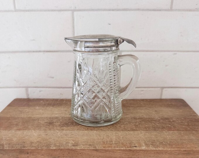 Vintage Anchor Hocking Syrup Pitcher With Tin Lid, Pressed Glass Pourer ...