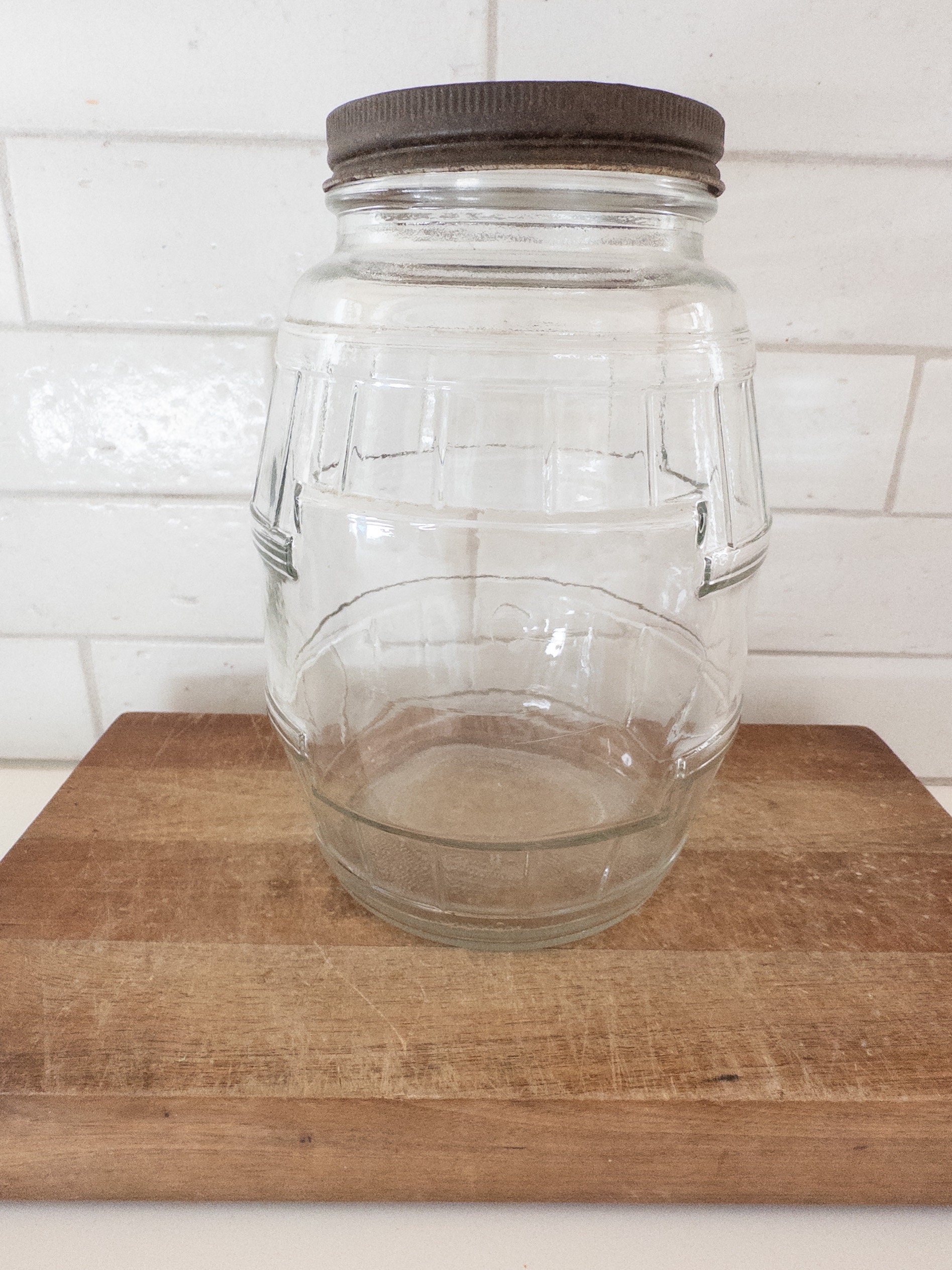 Old Pickle Bottle, Two Quart Barrel Shaped Jar W/original Vintage Lid ...