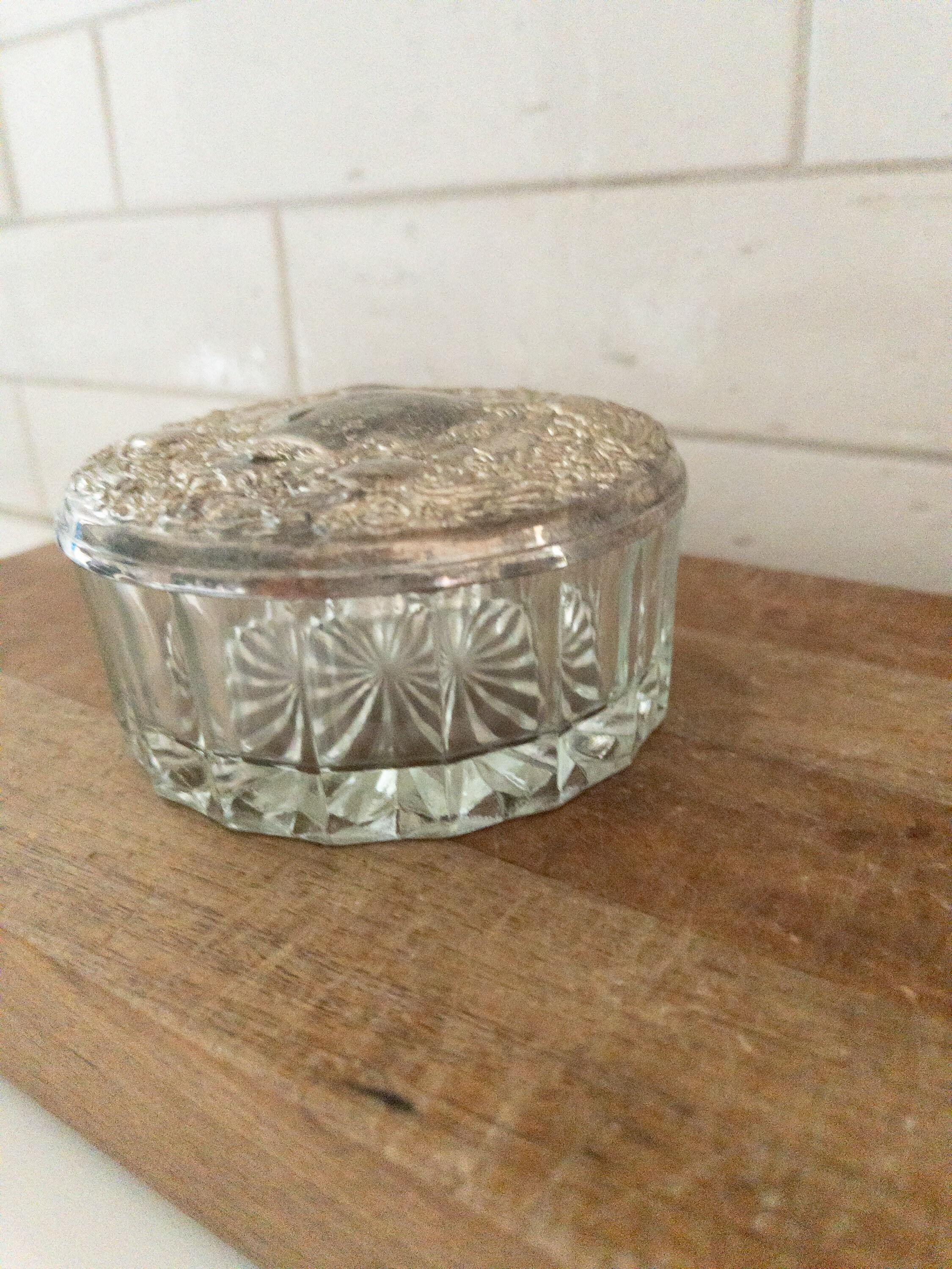 Vintage Vanity Glass Powder Box With Mirrored Silver Lid. Powder Puff ...