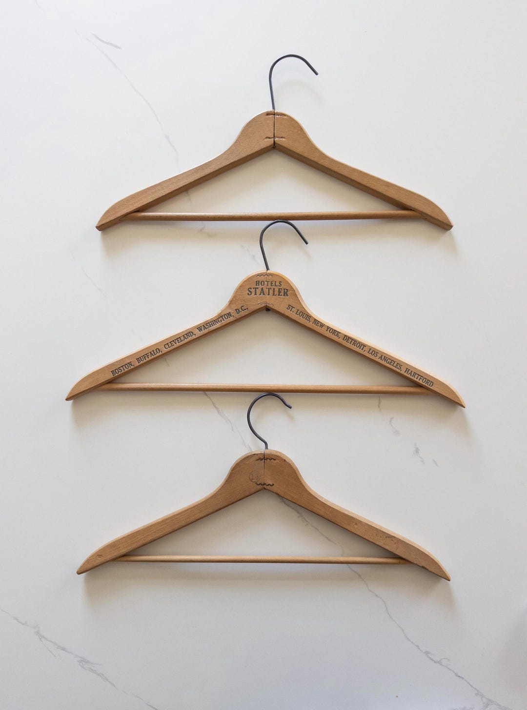 3 Vintage Wooden Hangers One With Advertising “statler Hotels” in ...