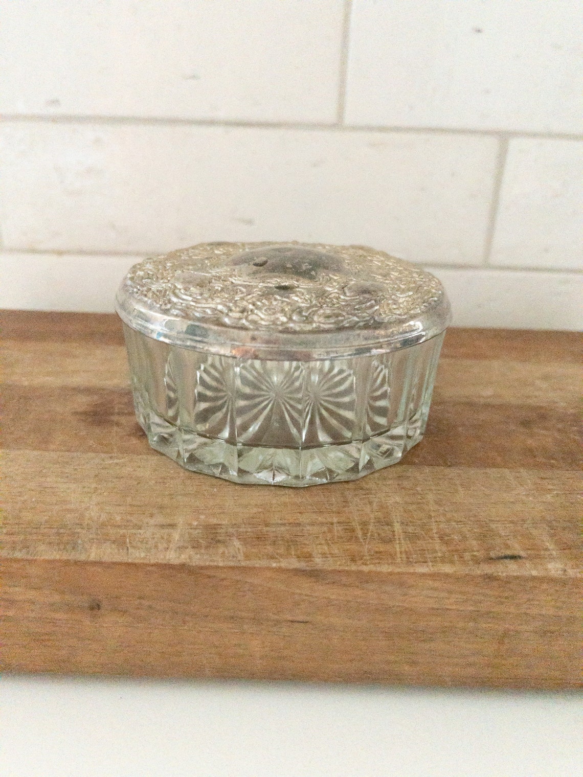 Vintage Vanity Glass Powder Box With Mirrored Silver Lid. Powder Puff ...
