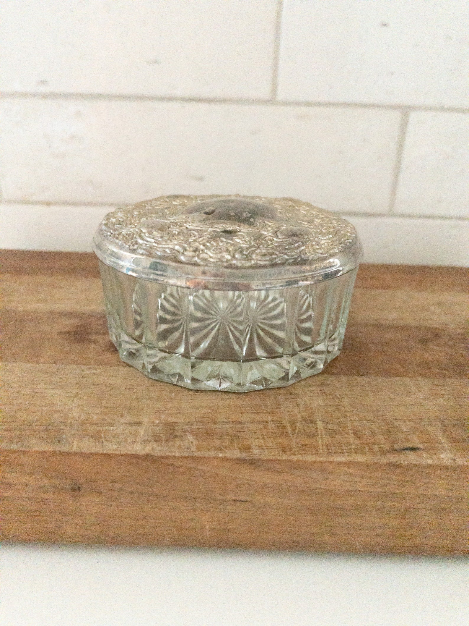 Vintage Vanity Glass Powder Box With Mirrored Silver Lid. Powder Puff ...