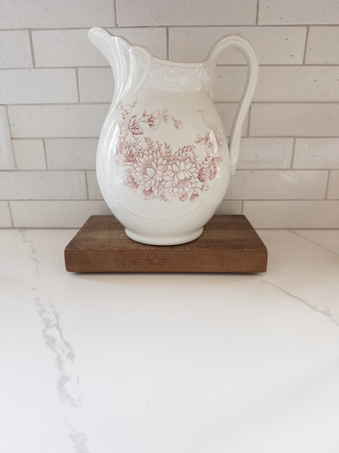 Antique English Ironstone Transferware Huge Pitcher/vase Red Sunflower ...