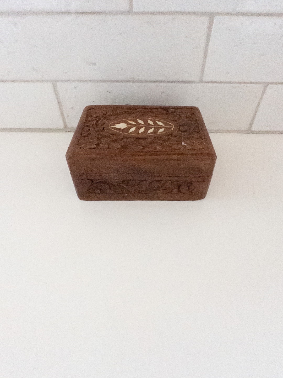 Vintage Inlaid Stone Jewelry Box / Hand Carved Wooden Box / Wood ...
