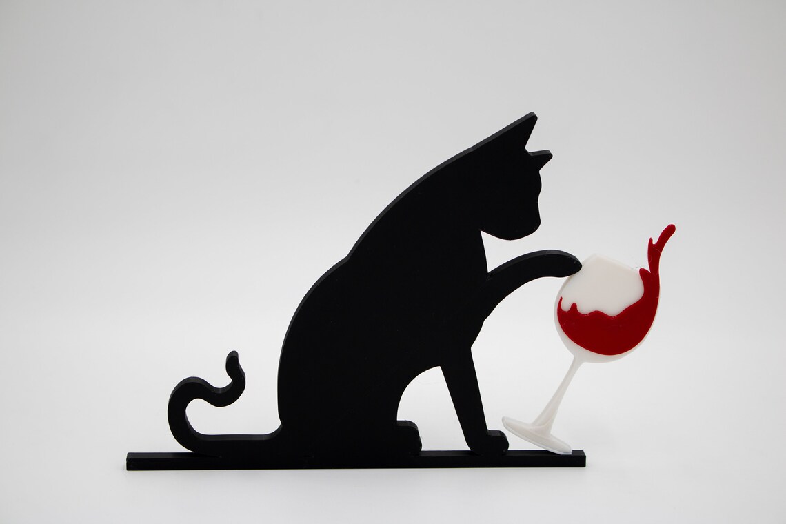 3D Printed Cat Tipping Wine Door Art | Kitty Nudging Wine Glass off ...