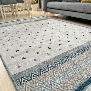 Blue Gray Cream Rug, Cotton Washable Pet Friendly Triangle Pattern ...