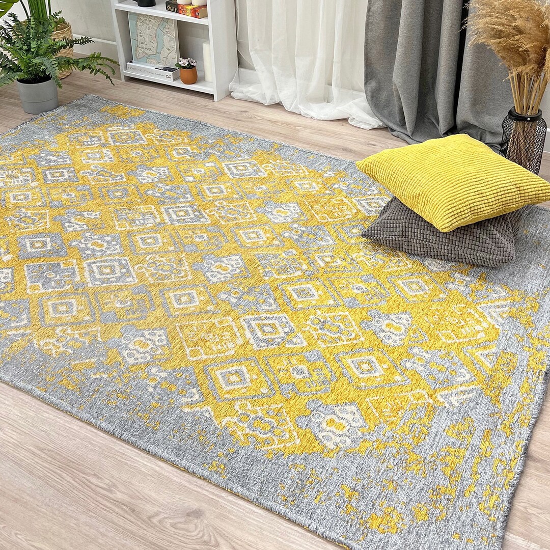 Grey Gold Rug, Geometric Rug, Reversible Rugs, Cotton Rug, Washable Rug ...