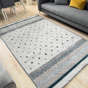 Blue Gray Cream Rug, Cotton Washable Pet Friendly Triangle Pattern ...