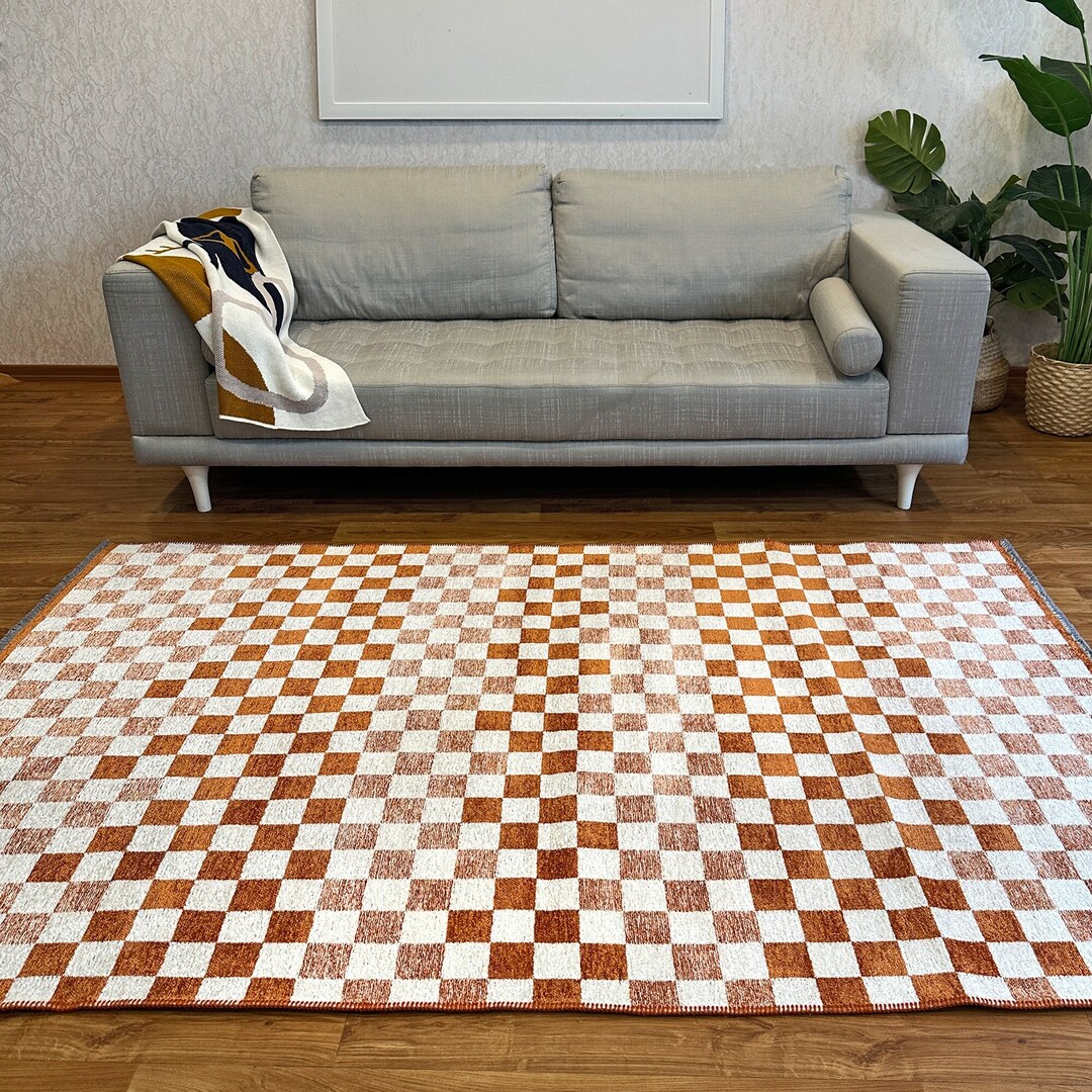 Alfa Rich Burnt Orange Rust Checkered Washable Cotton Area Rugs for ...
