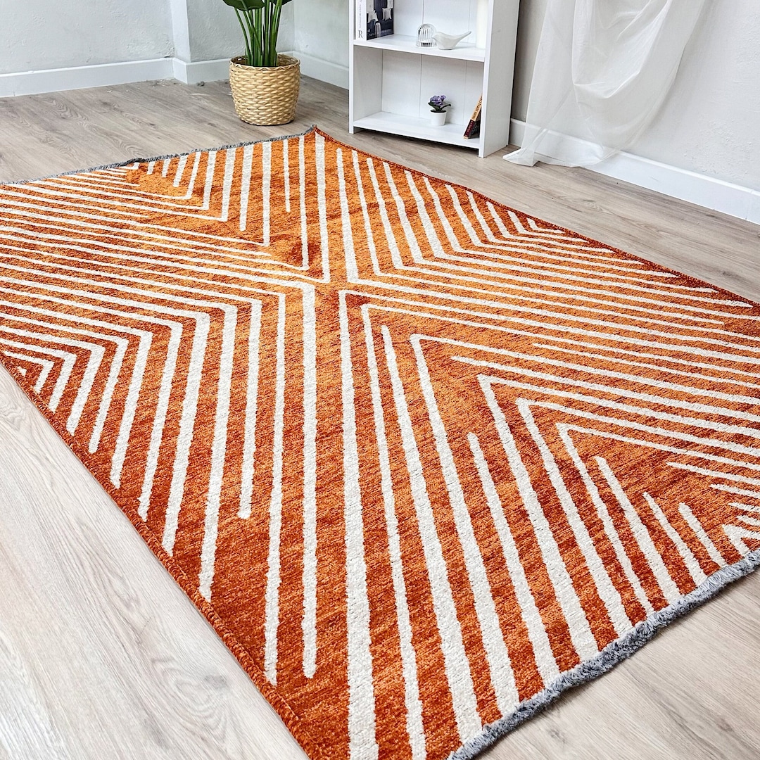 Orange Cream Washable Geometric Rugs for Living Room Bedroom Kitchen ...