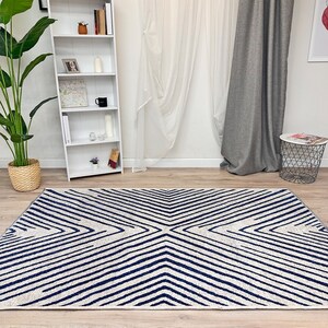 Cream Navy Blue Washable Geometric Area Rugs for Living Room Bedroom ...