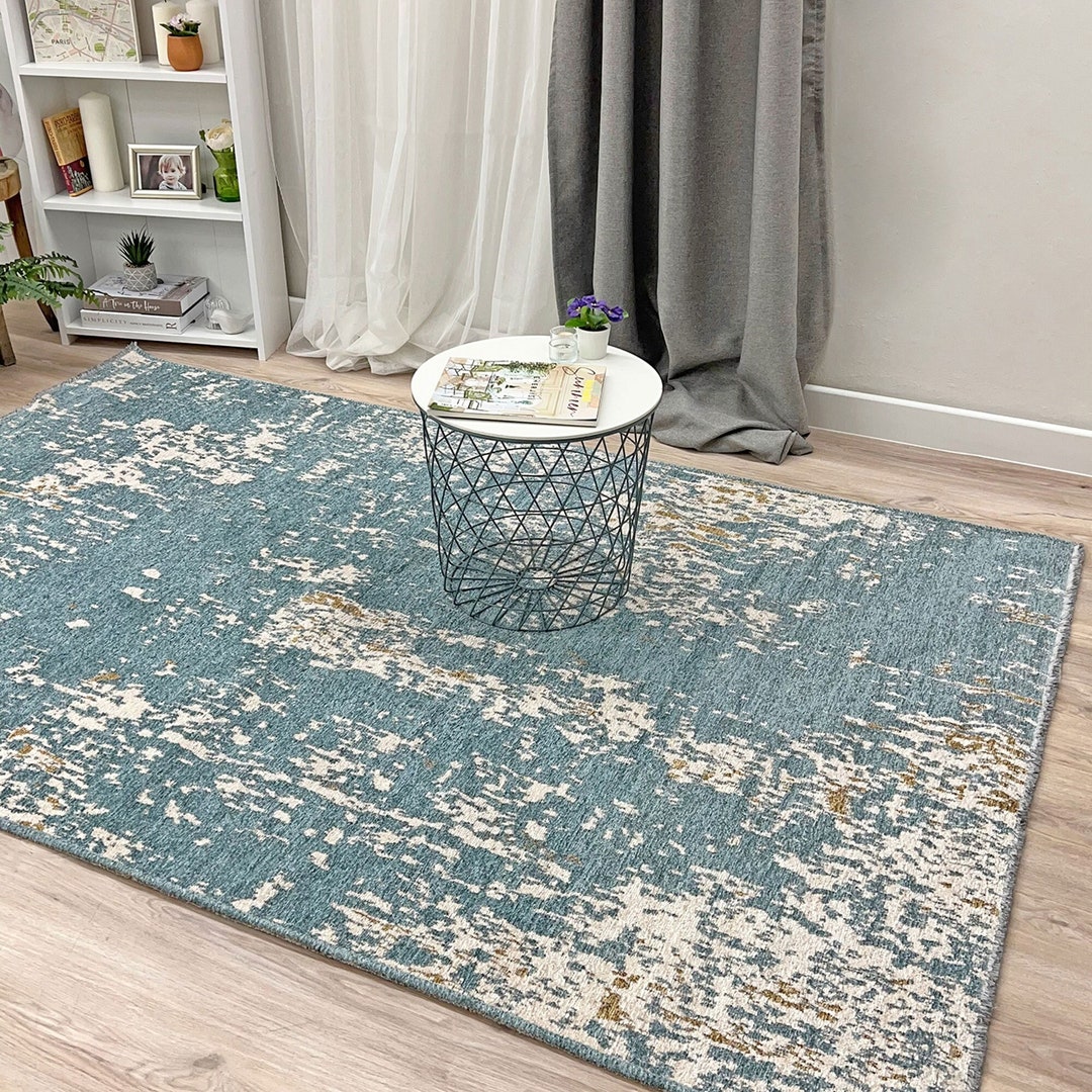 Abstract Blue Brown Rug, Reversible Rug, Cotton Rug, Washable Rug, Easy ...