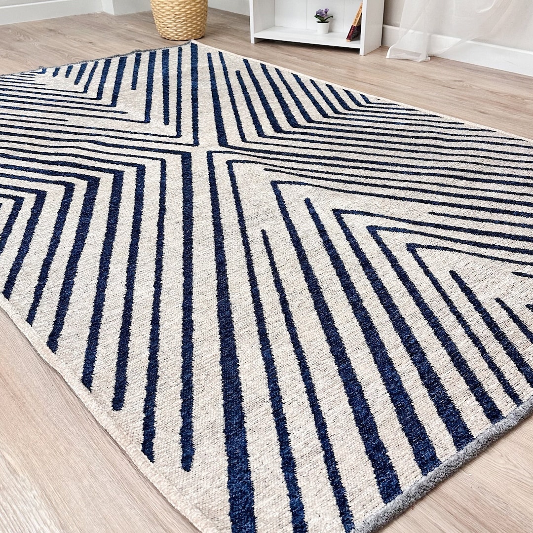 Cream Navy Blue Washable Geometric Area Rugs for Living Room Bedroom ...