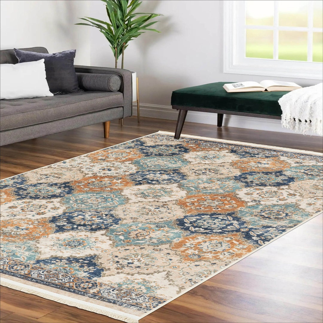 Ultra-thin Rugs, Beige Blue Cream Rug, Non-slip Rugs, Washable Rugs ...