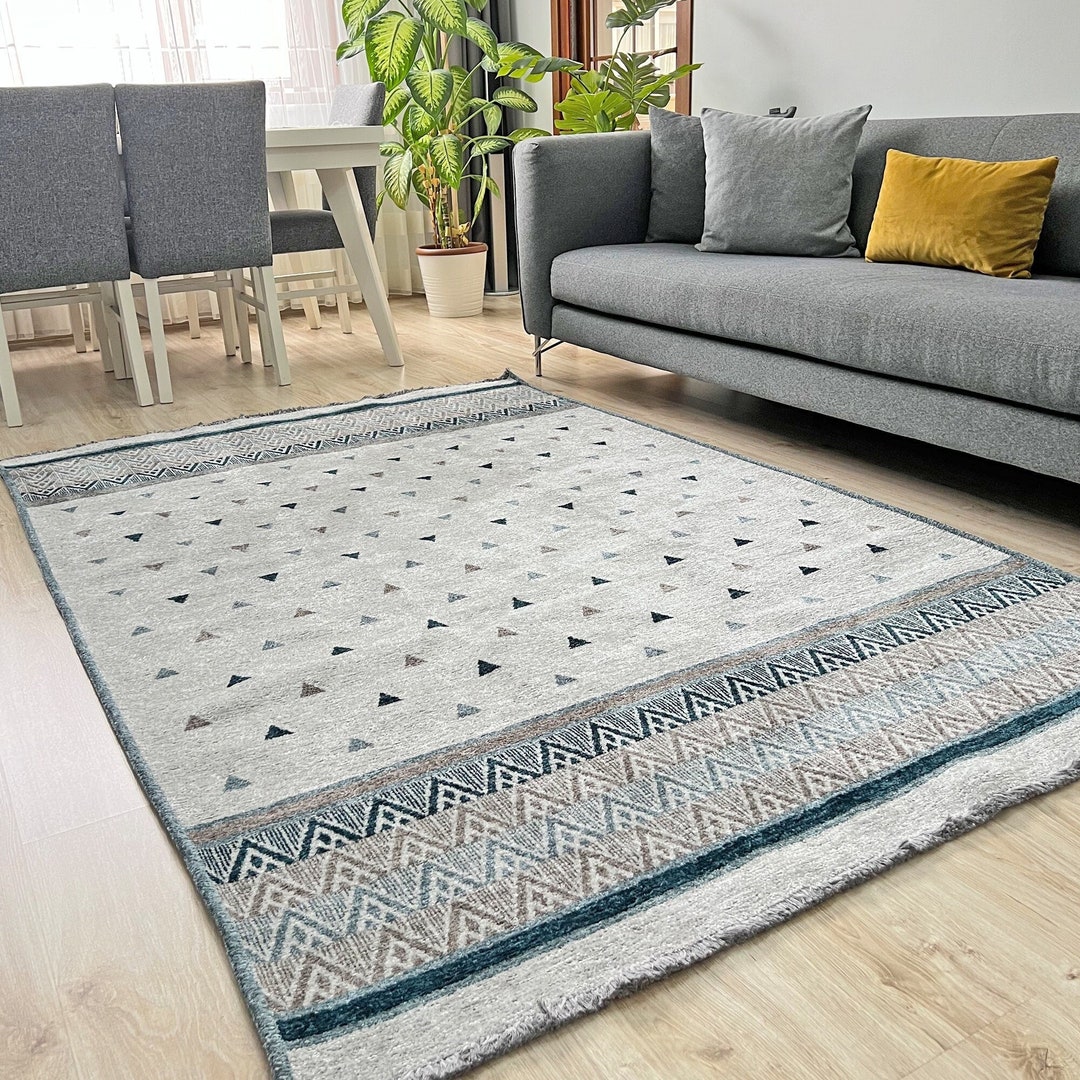 Blue Gray Cream Rug, Cotton Washable Pet Friendly Triangle Pattern ...