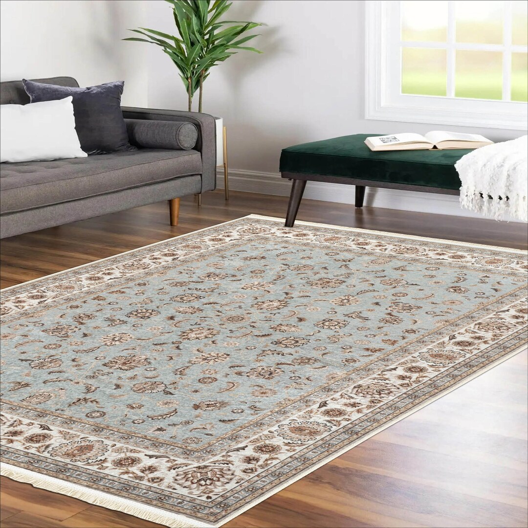 Teal and Cream Rug, Oriental Area Rug, Ultra-thin Rug, Non-slip Rug ...