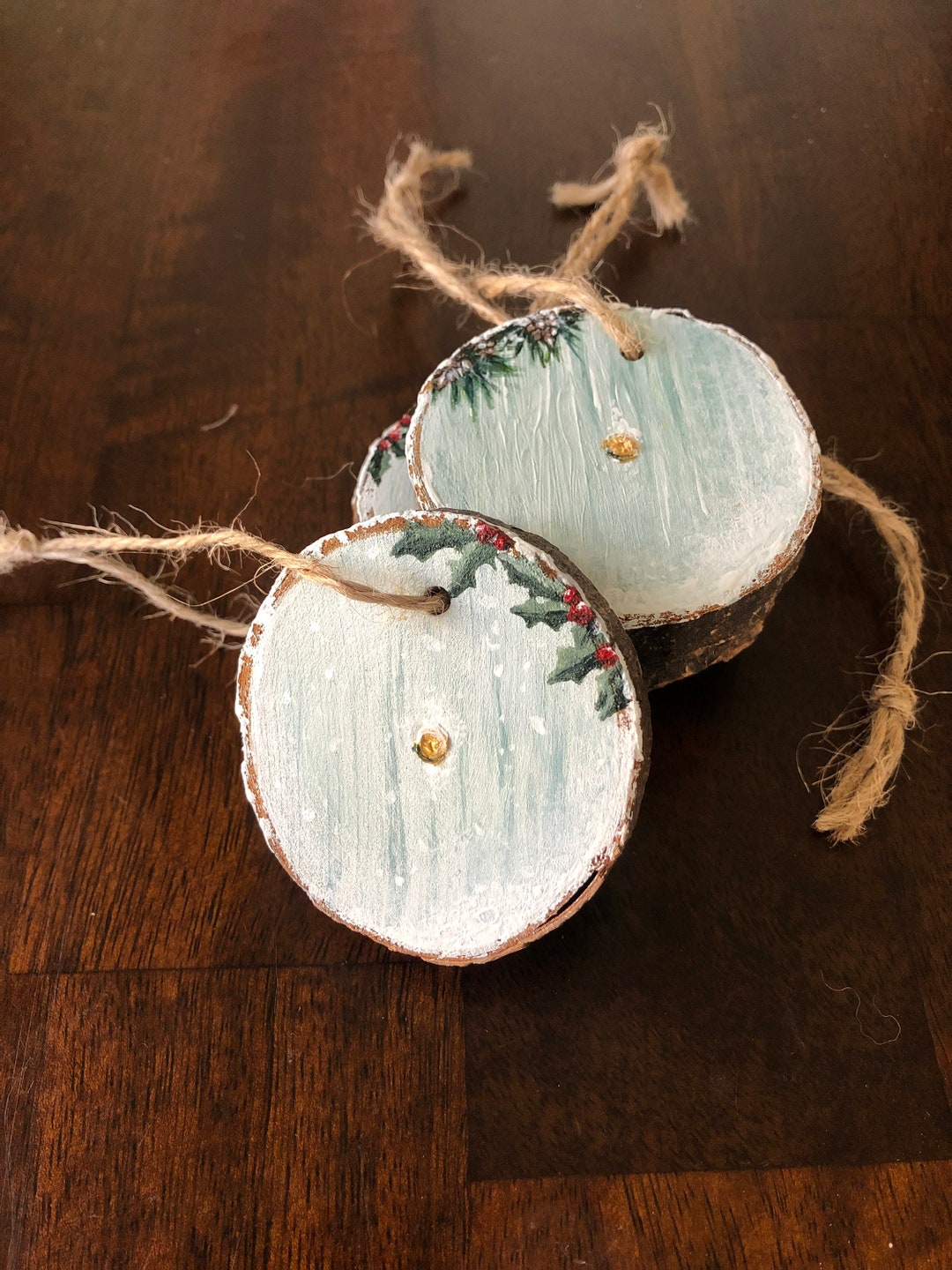Hobbit Holes in Winter, Hanging Ornaments, Set of 4, Hand Painted on ...