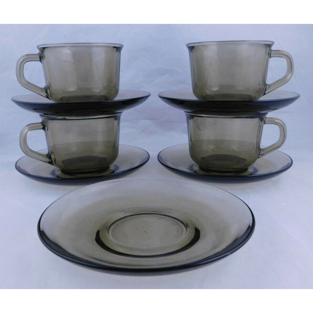 Vintage Arcoroc France - 4 Smoky Glass Cups & 5 Saucers - Etsy