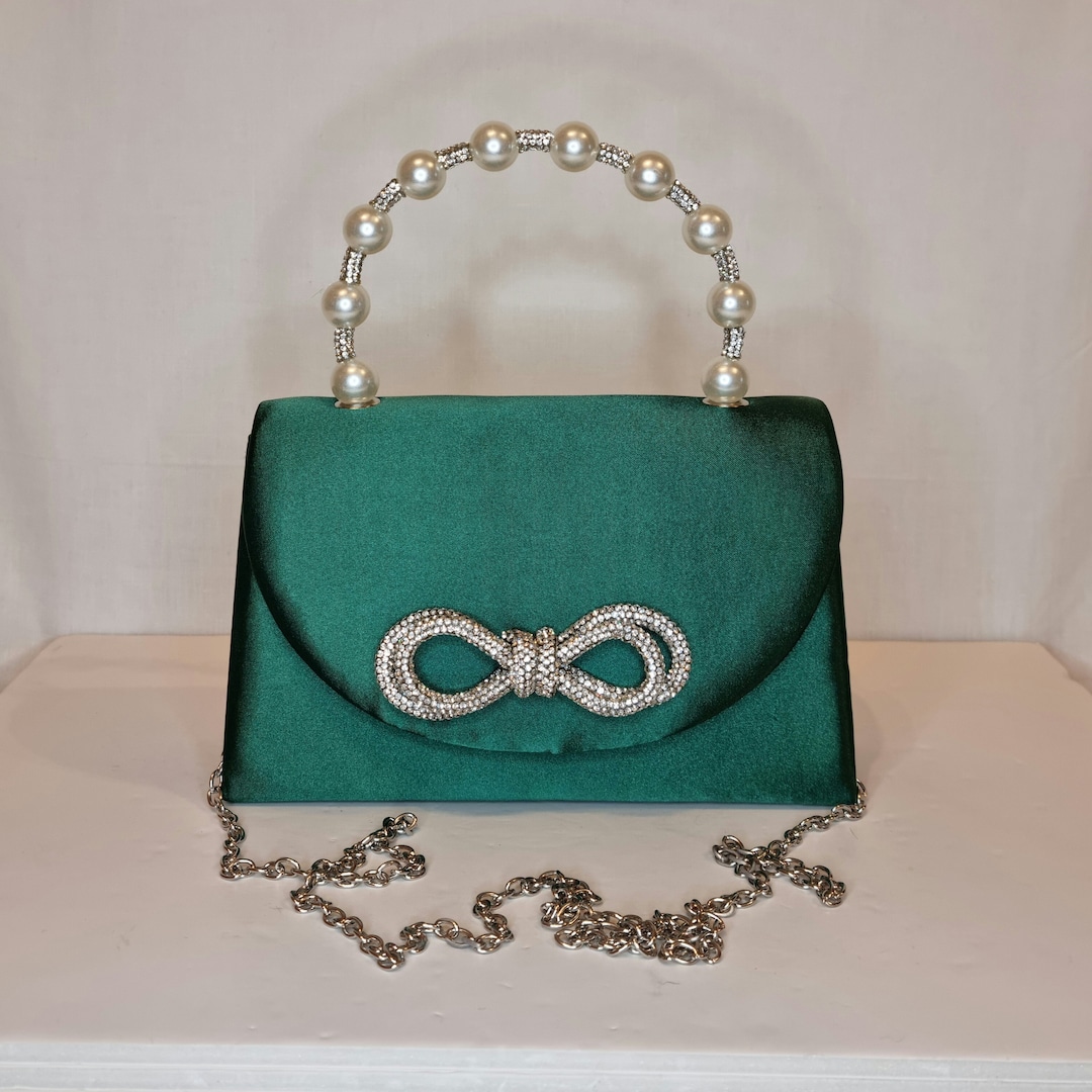 Dark Green Satin Pearl Crystal Diamond Bow Hand Embellished Top Handle ...