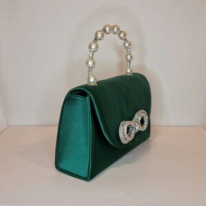 Dark Green Satin Pearl Crystal Diamond Bow Hand Embellished Top Handle ...