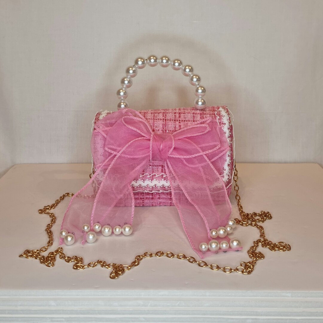Fuschia Pink Lace Woven Pearl Tassel Bow Top Handle Embellished Small ...