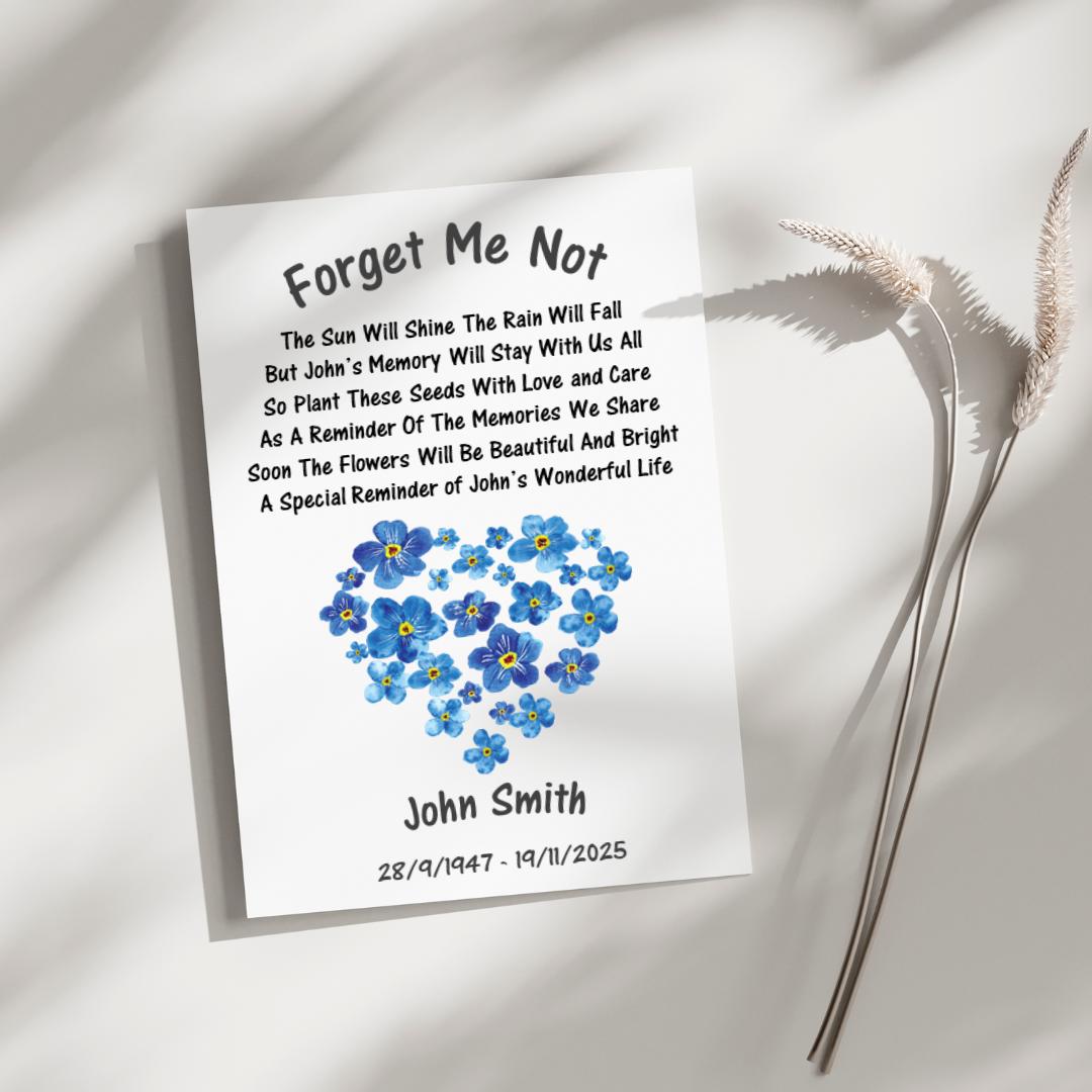 Personalised Funeral Forget Me Not Seed Packets: Memorial Remembrance ...