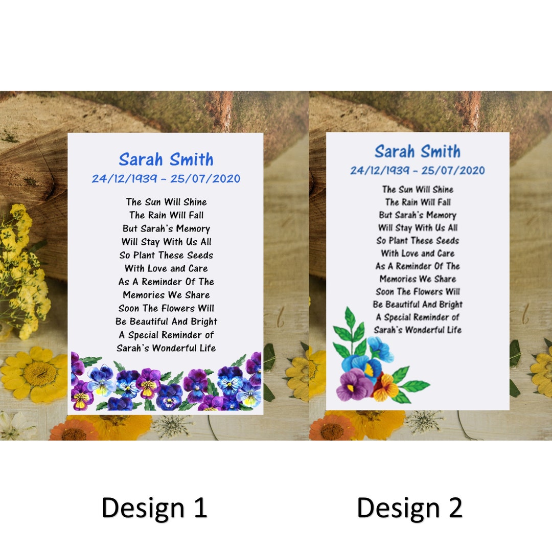 Personalised Poem Funeral Pansy Seed Packets Favour Flowers Remembrance ...