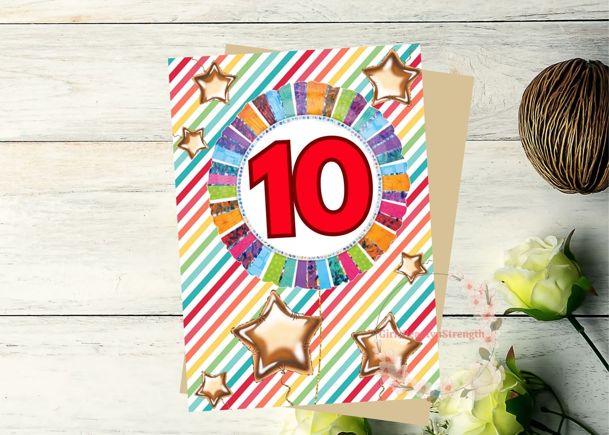 10th Birthday Card, Rainbow Star Balloons, Printable, W/envelope, 5"x7 ...