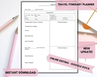 Printable Trip Itinerary Planner Template for Google Docs, Editable ...