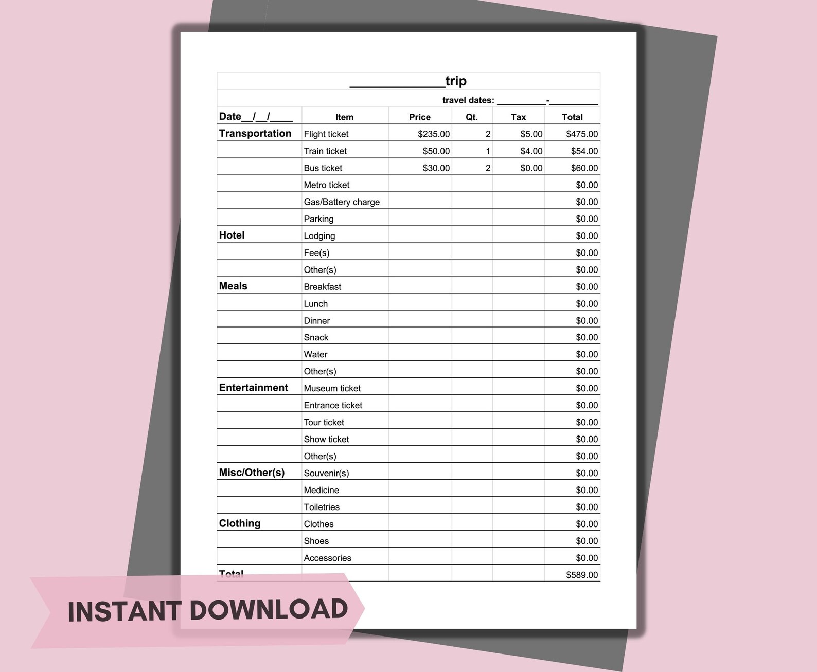 Printable Travel Expense Log Template Trip Expense Journal Spending ...