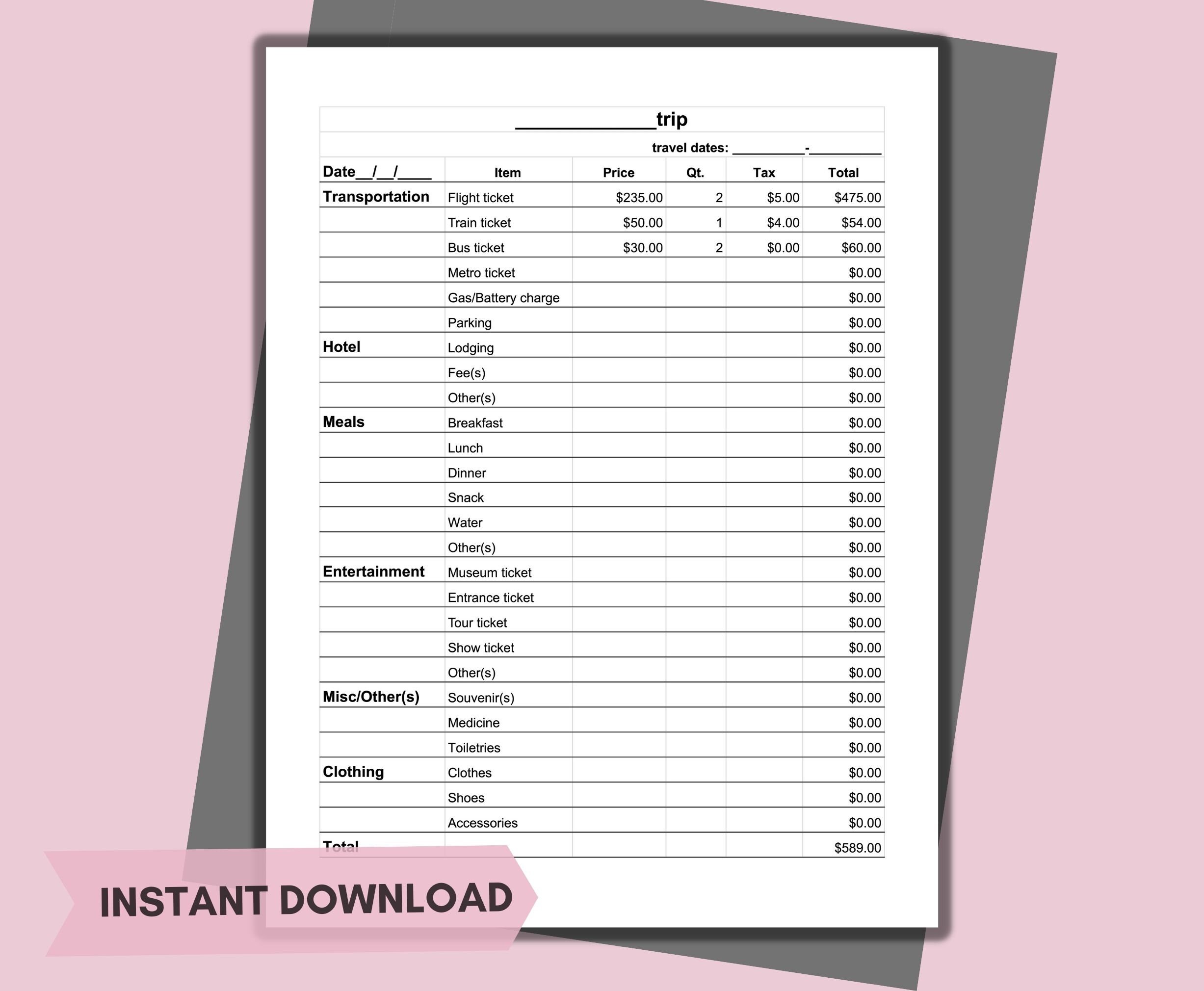 Printable Travel Expense Log Template Trip Expense Journal Spending ...