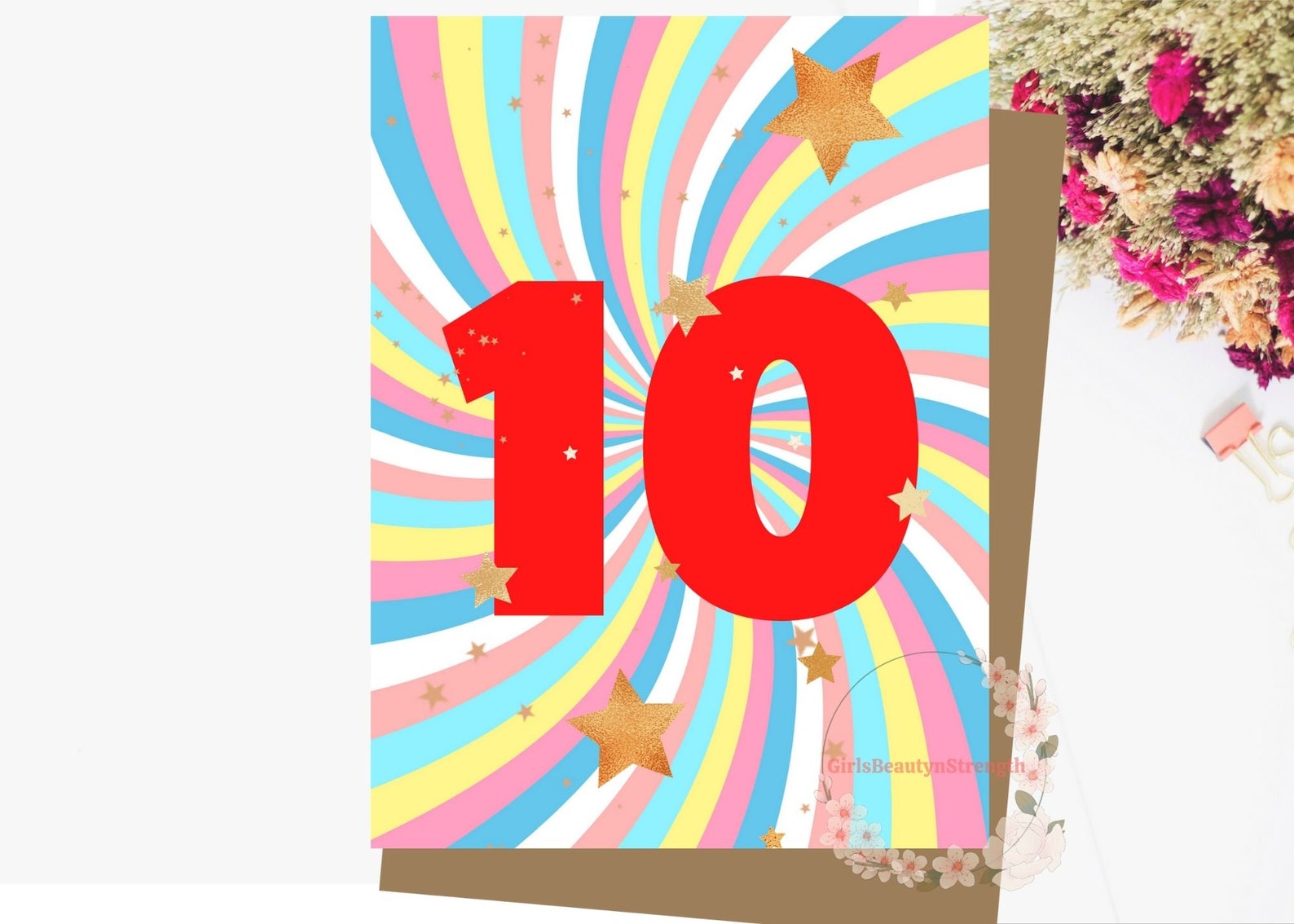 10th Birthday Card, Spiral Rainbow Star Design, Printable, W/envelope ...