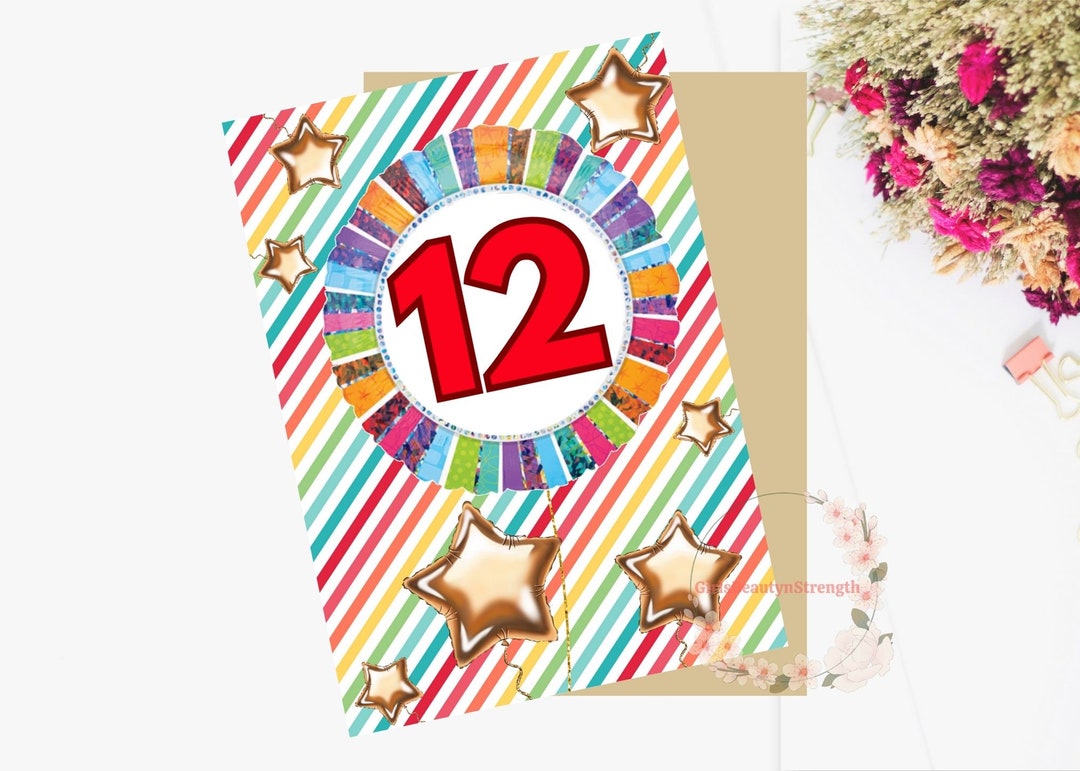 12th Balloon Birthday Card Printable for Kid Son Daughter Friend Teen ...