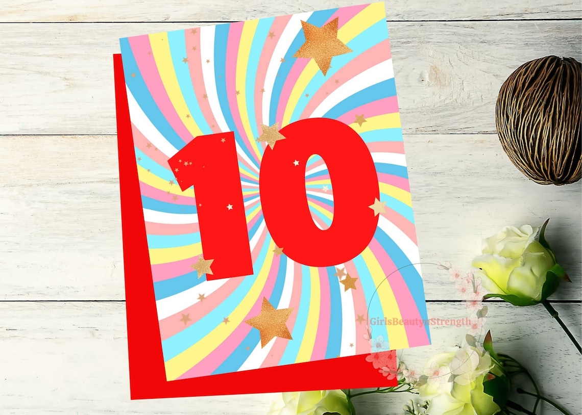10th Birthday Card, Spiral Rainbow Star Design, Printable, W/envelope ...