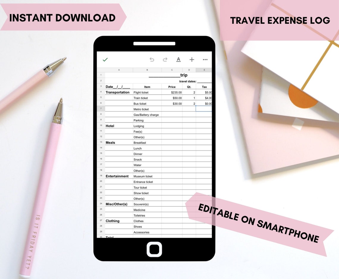 Printable Travel Expense Log Template Trip Expense Journal Spending ...
