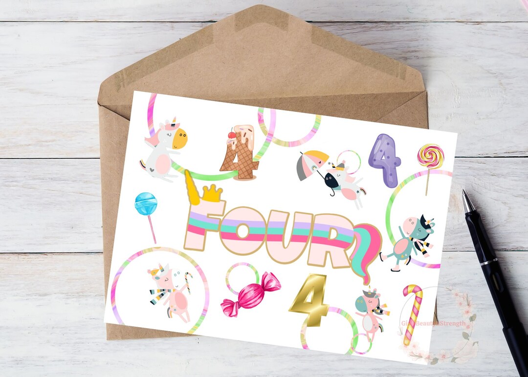 Printable 4th Birthday Card Unicorn for Kid Girl Daughter Son Boy 4 ...