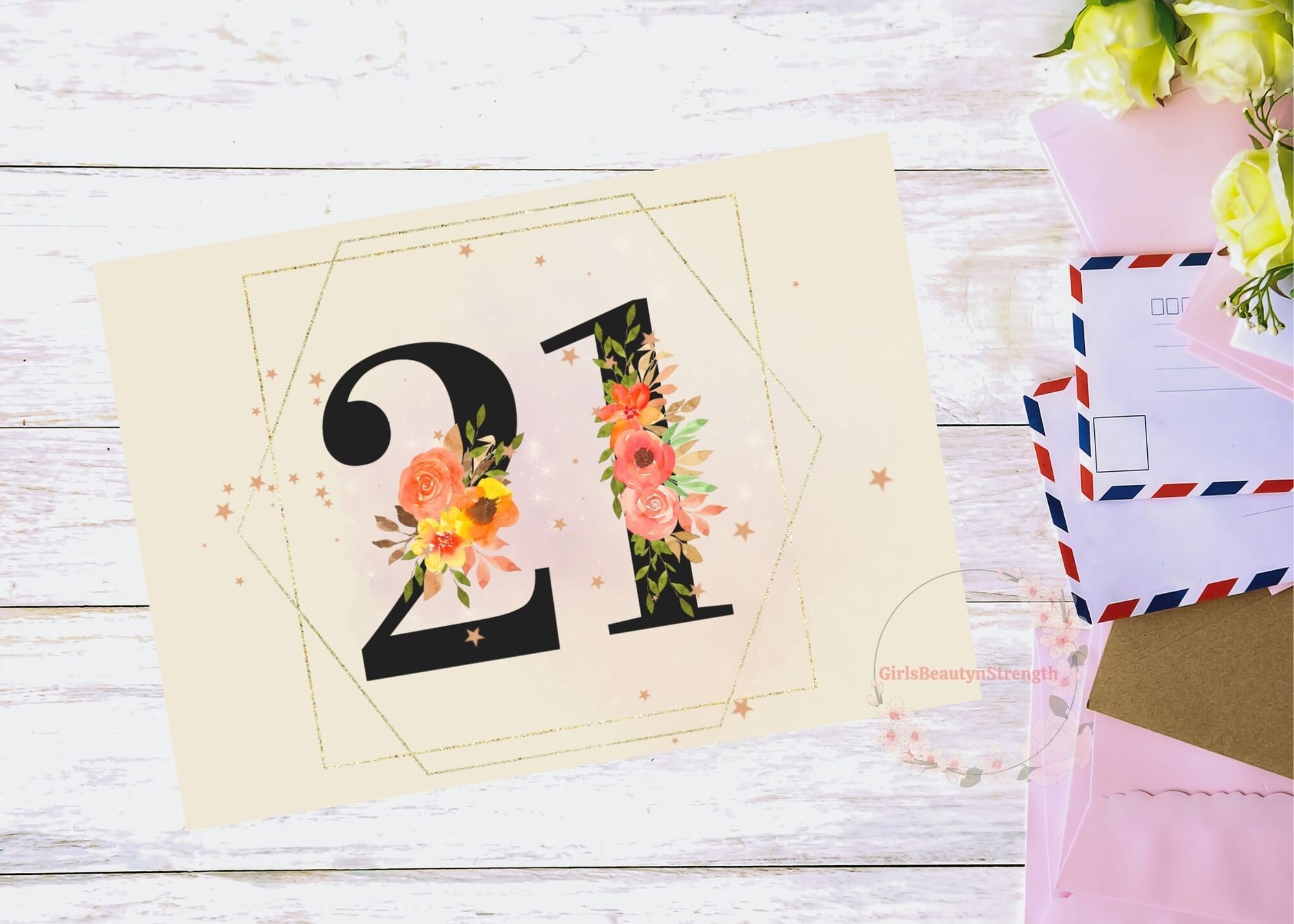 Floral 21st Birthday Card, Elegant Milestone, Printable, W/envelope, 5 ...
