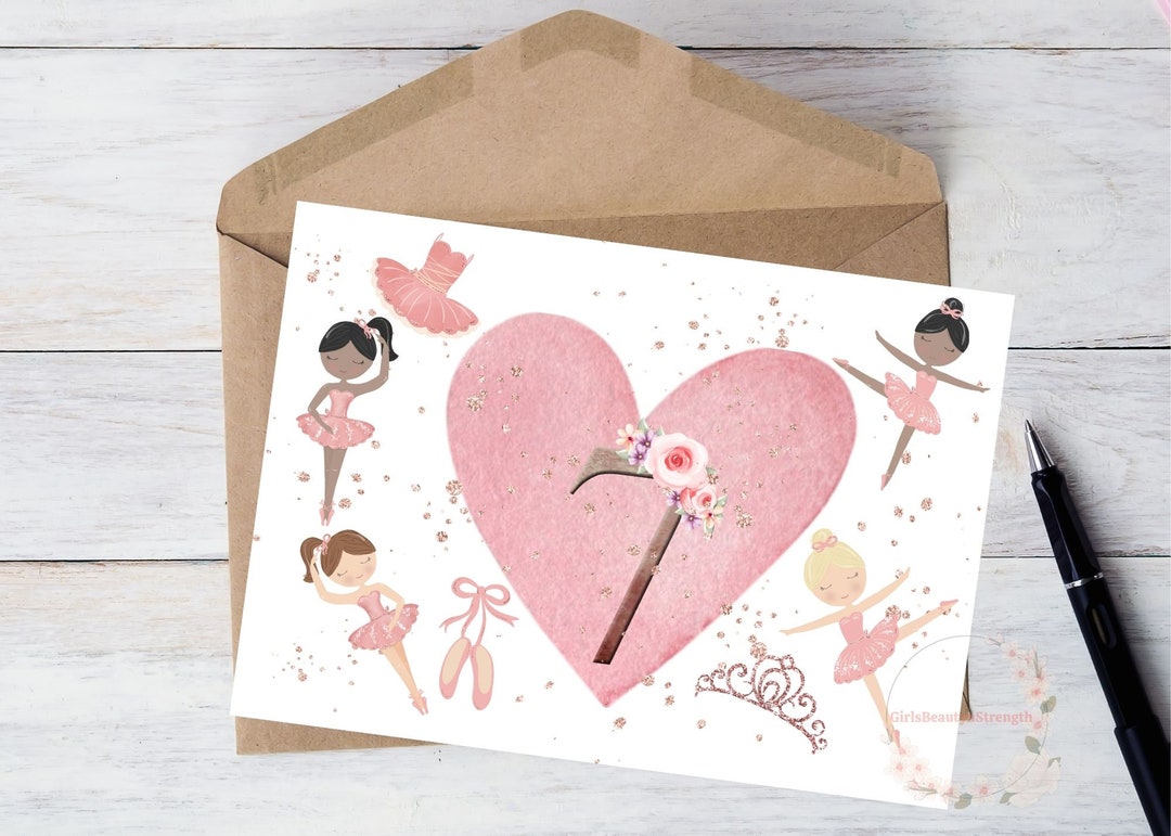 7th Birthday Card, Ballerina Princess, Ballet Dancer, Printable, W ...