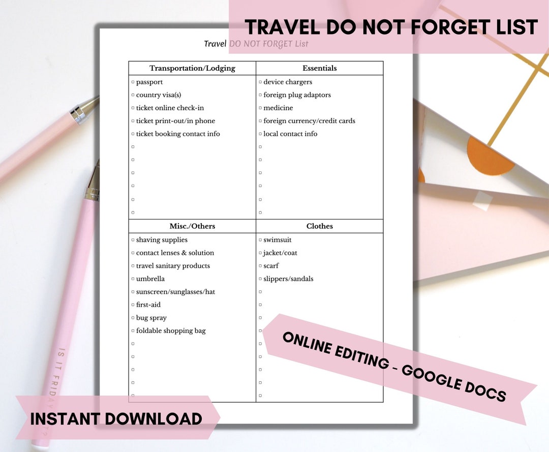 Editable Travel Checklist, Travel Do Not Forget List Template ...