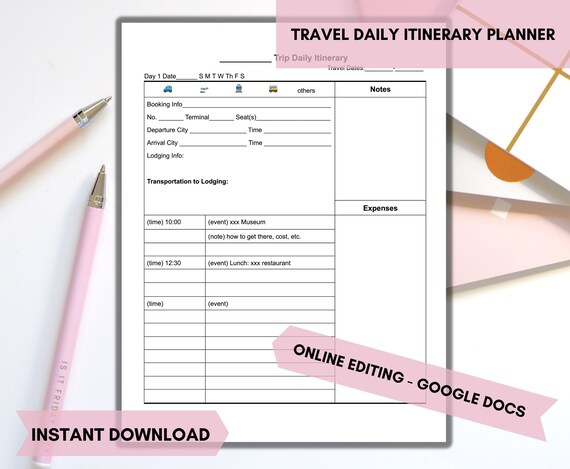 Printable Trip Itinerary Planner Template for Google Docs - Etsy