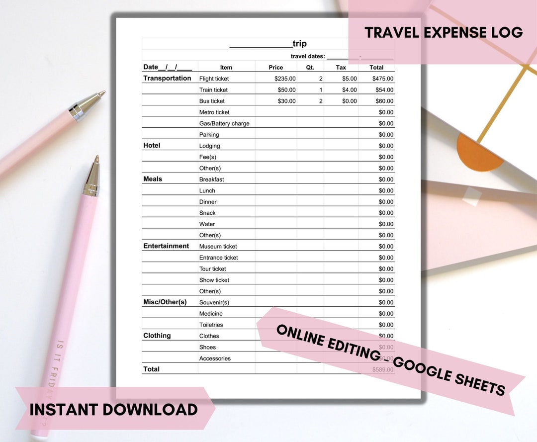 Printable Travel Expense Log Template Trip Expense Journal Spending ...