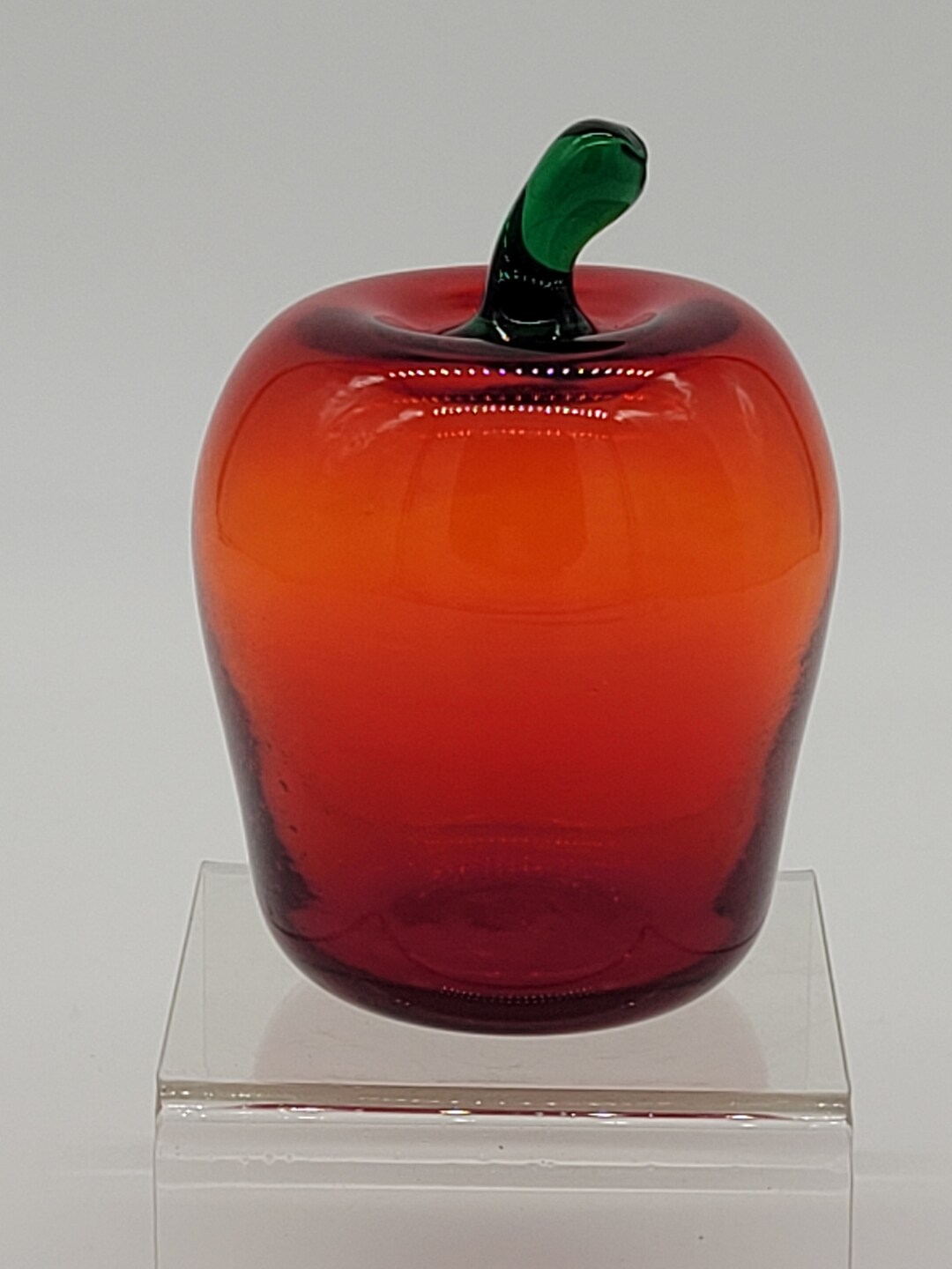 Vintage Hand Blown Studio Art Glass Apple, Bright Red With Green Stem ...