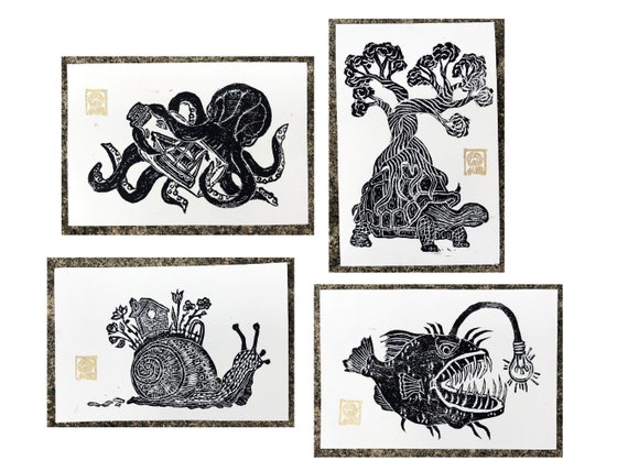 Animal Linocut Block Print Set Hand Carved/ 4 Curiosity Art - Etsy