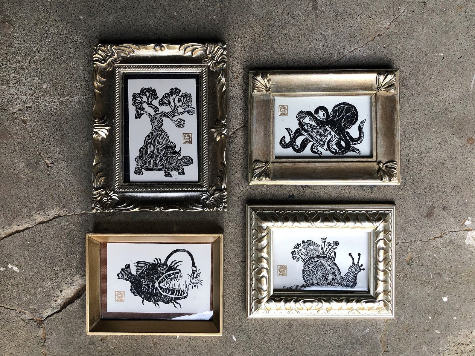 Animal Linocut Block Print Set Hand Carved/ 4 Curiosity Art Prints 4x6 ...