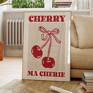 Vintage Red Bow Cherry Poster, Ma Cherie Coquette Wall Art It Girl Bow ...