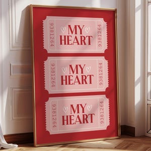 My Heart Ticket Print, Red Valentines Day Decor, Cute Trendy Valentines ...